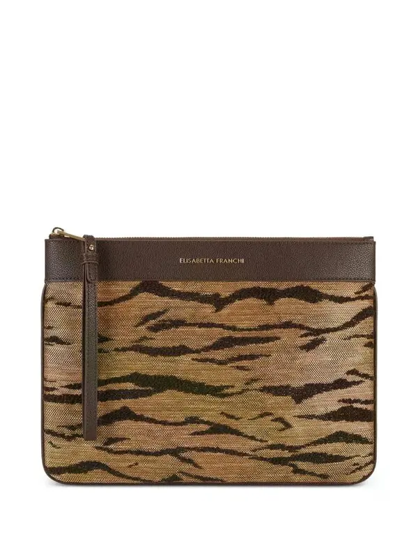 Elisabetta Franchi Tiger Stripe Raffia Effect Clutch - Brown
