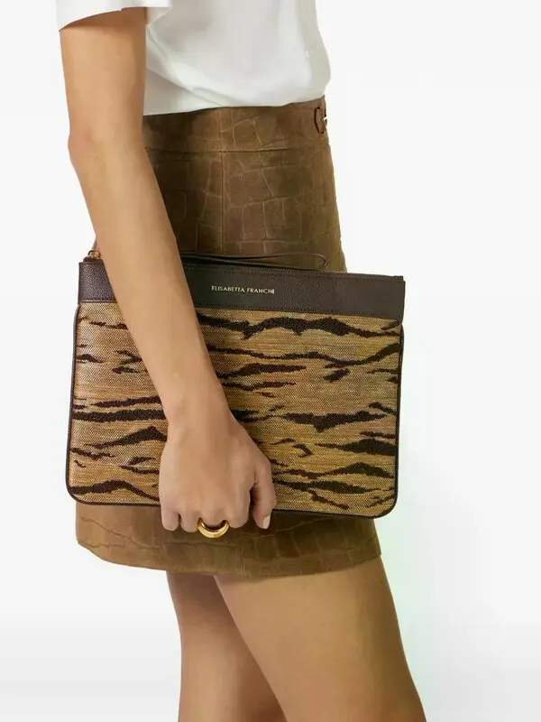 Elisabetta Franchi Tiger Stripe Raffia Effect Clutch - Brown