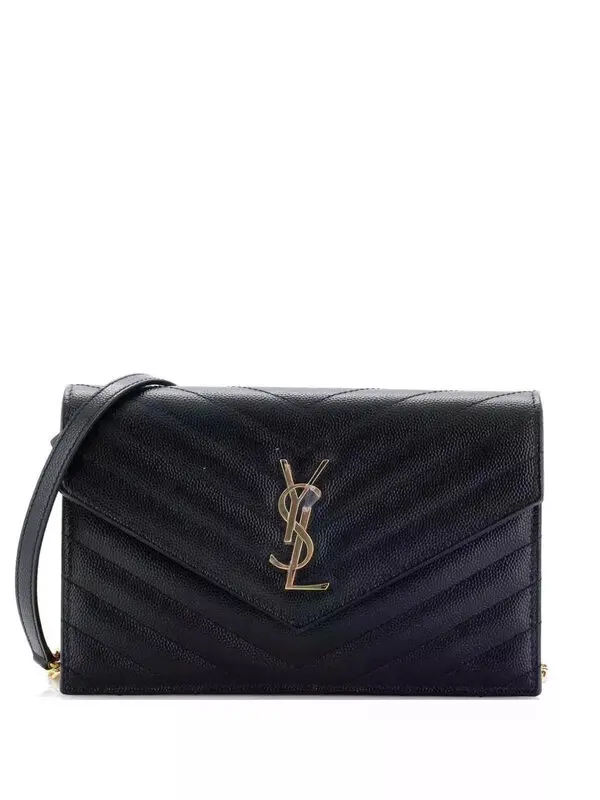 Saint Laurent Classic Monogram Wallet On Chain Matelasse Chevron Leather Small Crossbody Bag - Black