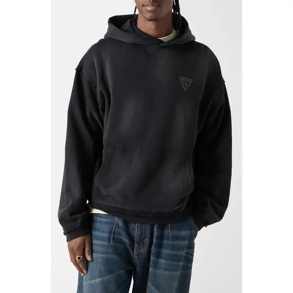 GUESS ORIGINALS Logo Frayed Boxy Cotton Hoodie - Black