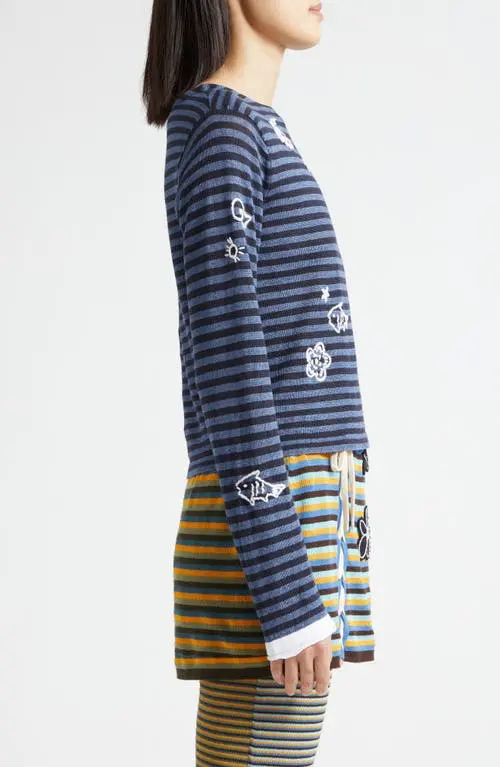 YANYAN Mabo Embroidered Stripe Linen Sweater