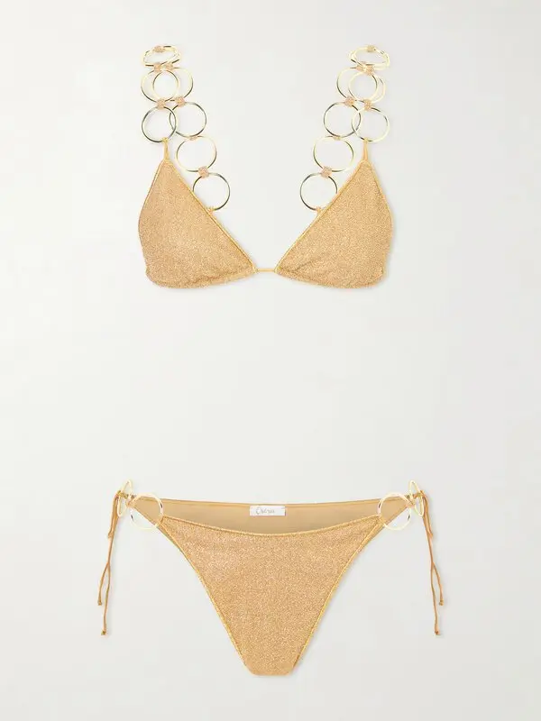 Oseree Lumière Embellished Metallic Triangle Bikini - Gold