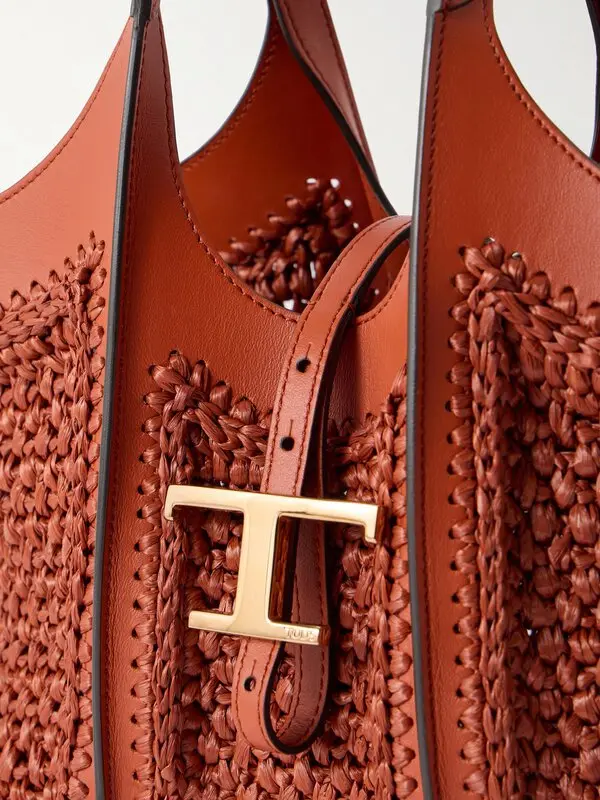TOD'S T Timeless Leather-trimmed Raffia Shoulder Bag