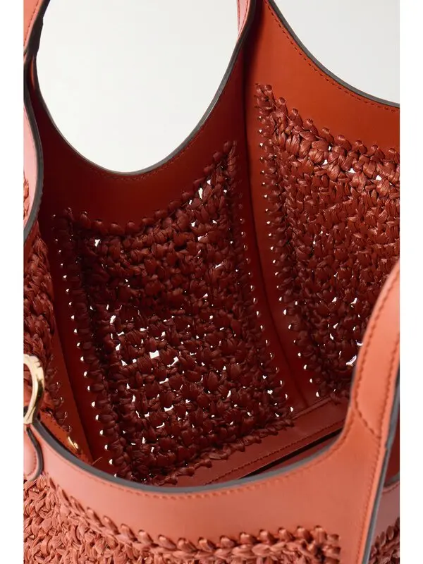 TOD'S T Timeless Leather-trimmed Raffia Shoulder Bag