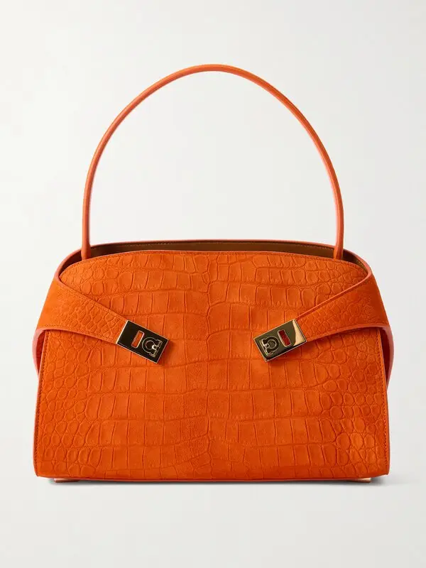 FERRAGAMO Hug Small Embellished Croc-effect Suede Tote
