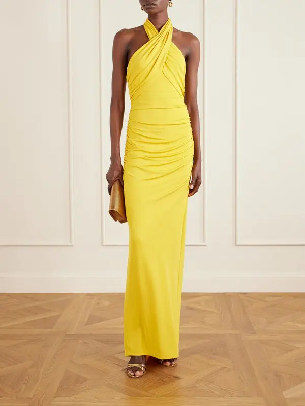 carolina herrera yellow silk dress CAROLINA HERRERA Wrap-effect draped silk-faille gown