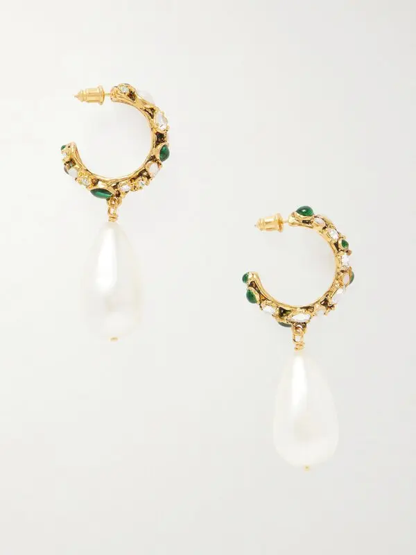 Saint Laurent Tone, Crystal, And Pearl Hoop Earrings - Gold