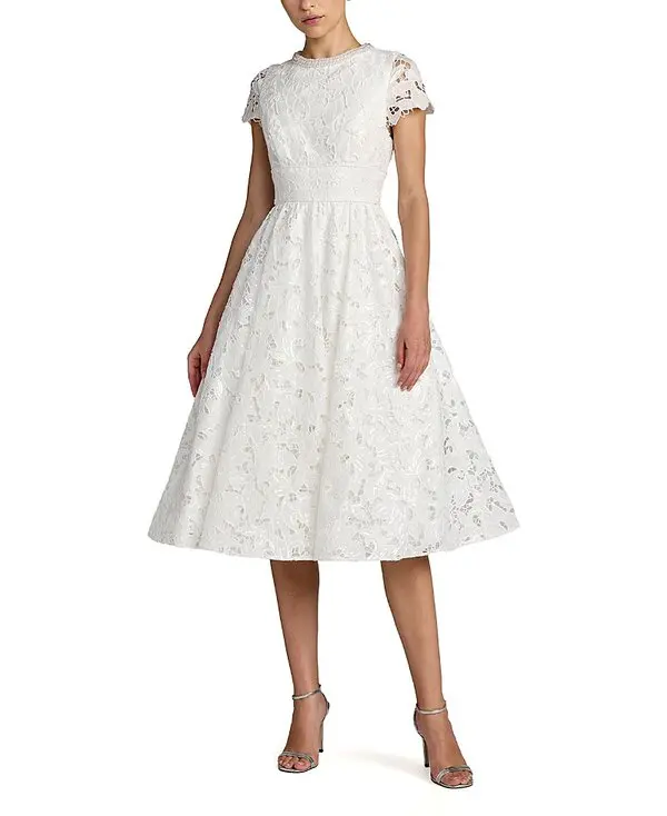 Mac Duggal Petite Lace Embellished Cap Sleeves A-line Midi Dress - Ivory