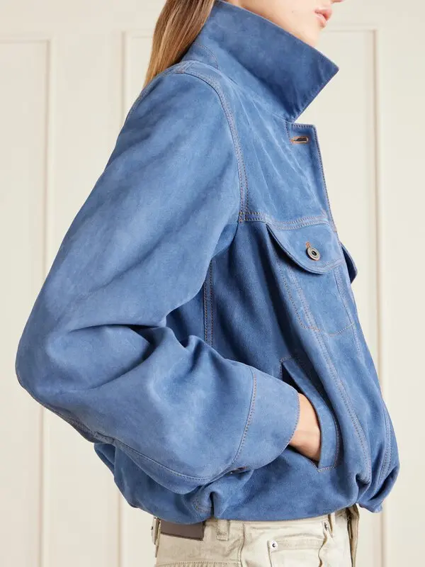 Loewe Gathered Suede Trucker Jacket - Blue