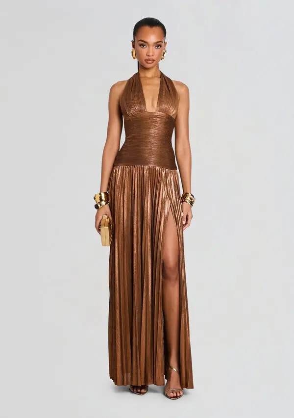 Retrofete Orlina Lamé Halterneck Dress - Sepia