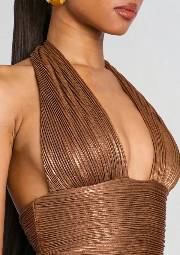 Retrofete Orlina Lamé Halterneck Dress - Sepia