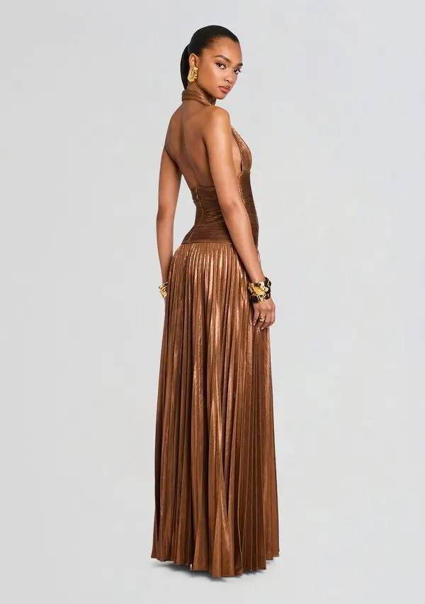 Retrofete Orlina Lamé Halterneck Dress - Sepia
