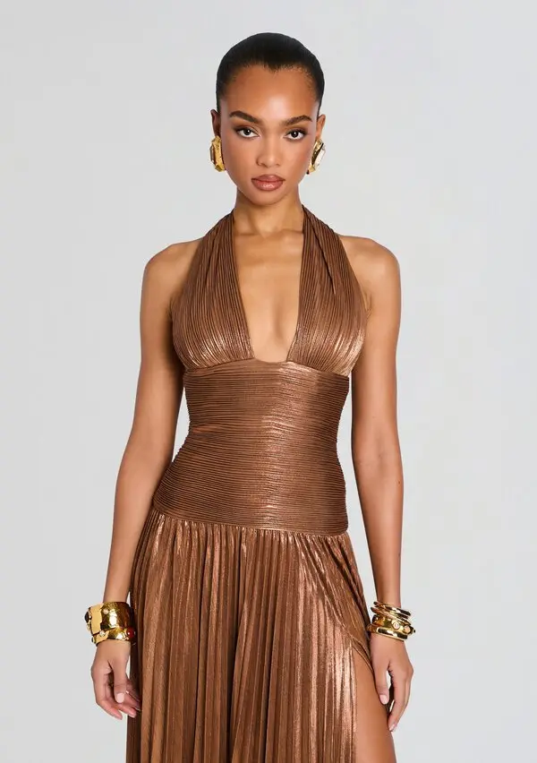 Retrofete Orlina Lamé Halterneck Dress - Sepia