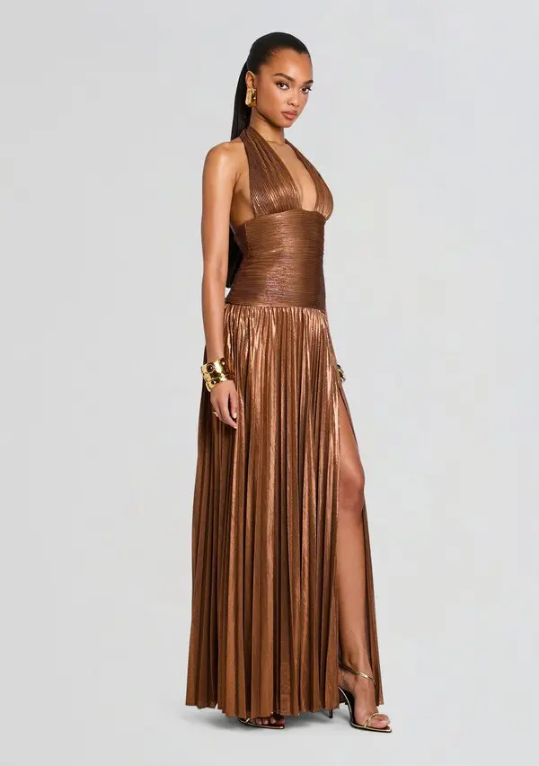 Retrofete Orlina Lamé Halterneck Dress - Sepia