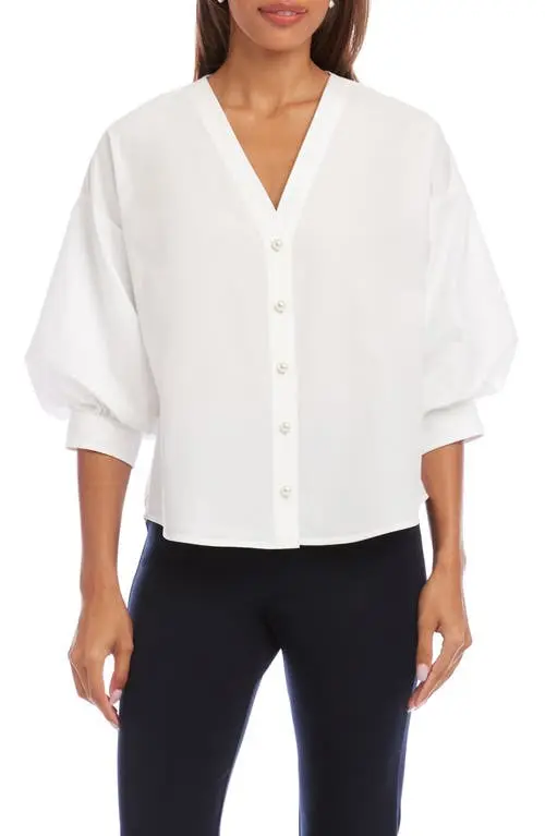 Karen Kane Lantern Sleeve Cotton Button-up Shirt - Off White