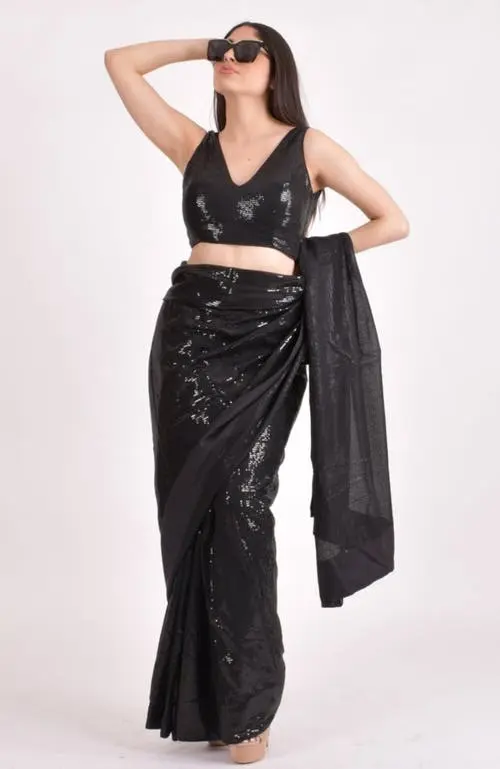 RAAS Sequin Pre-draped Saree With Blouse And Dupatta