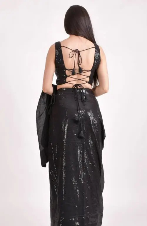 RAAS Sequin Pre-draped Saree With Blouse And Dupatta