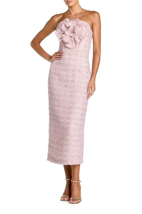 Mac Duggal Bouclé Strapless Midi Dress With 3d Floral Appliqu - Lilac