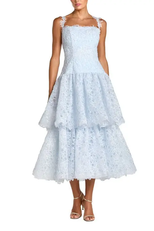 Mac Duggal Sleeveless Embroidered Lace Tiered Midi Dress - Powder Blue