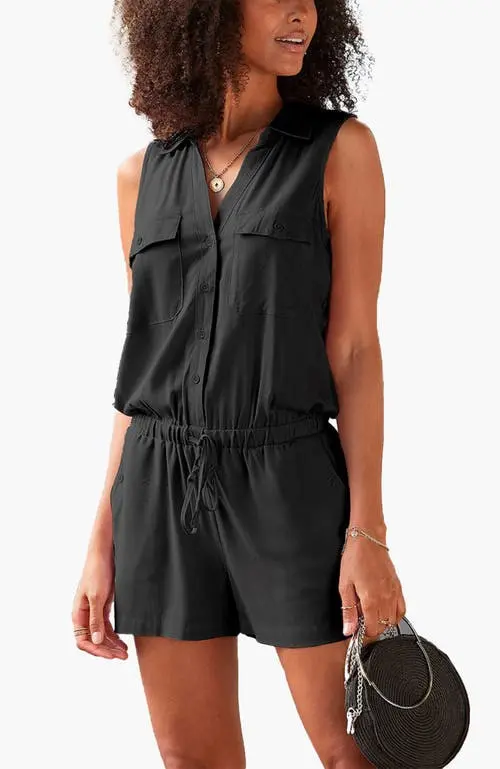 LASCANA Sleeveless Drawstring Romper With Shirt Collar And Pockets - Black