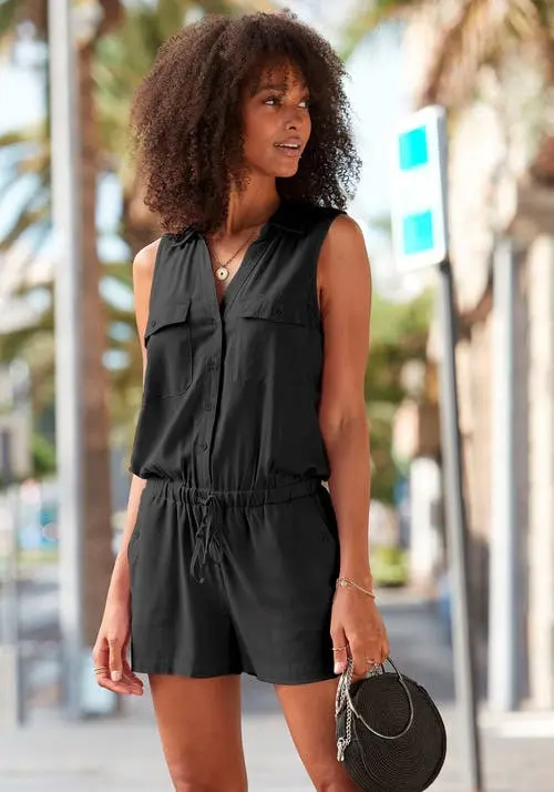 LASCANA Sleeveless Drawstring Romper With Shirt Collar And Pockets