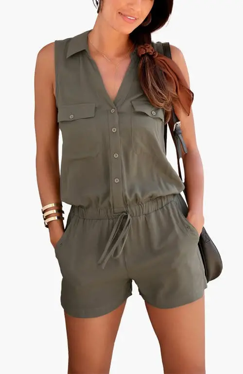 LASCANA Sleeveless Drawstring Romper - Khaki