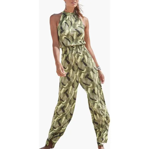 LASCANA Halter Neck Wide Leg Jumpsuit - Khaki Multi