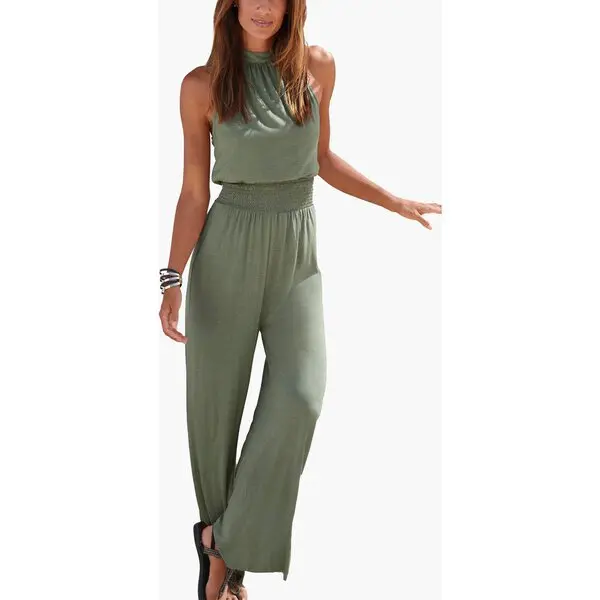 LASCANA Halter Neck Wide Leg Jumpsuit - Khaki