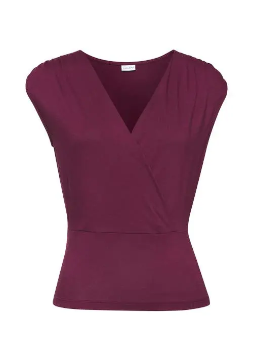 LASCANA Wrap Look Top With Crossover Neckline And Ruching - Plum