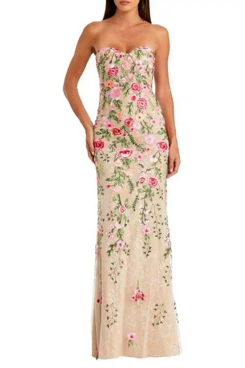 Mac Duggal Floral Embroidered Strapless Bustier Gown - Nude Multi