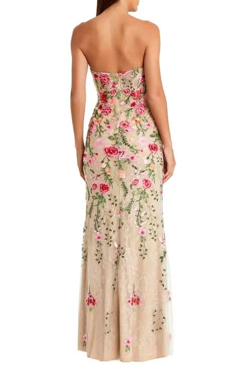 Mac Duggal Floral Embroidered Strapless Bustier Gown