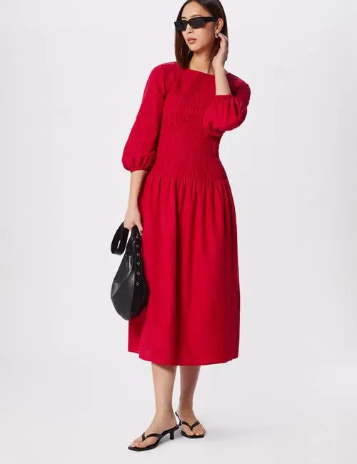 Whistles Smocked Bodice Midi Dress - Red