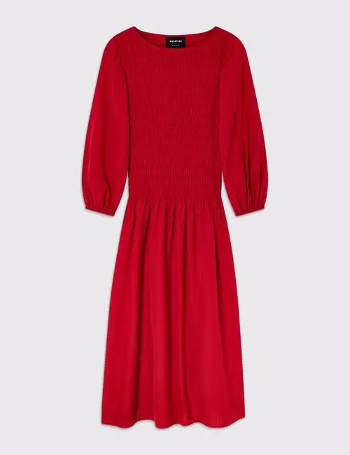Whistles Smocked Bodice Midi Dress - Red