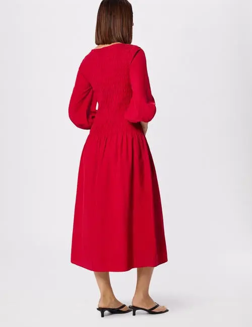 Whistles Smocked Bodice Midi Dress - Red