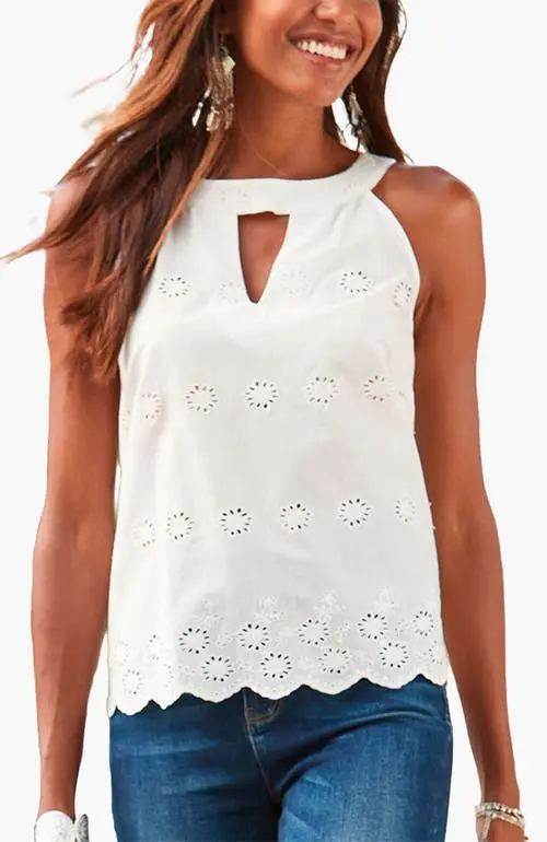 LASCANA Sleeveless Eyelet Lace Halter Neck Blouse - Cream