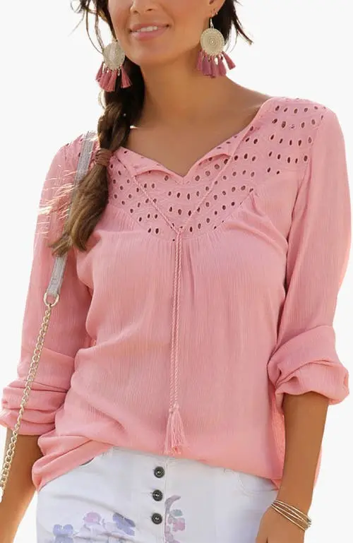 LASCANA Boho Eyelet Blouse - Mauve