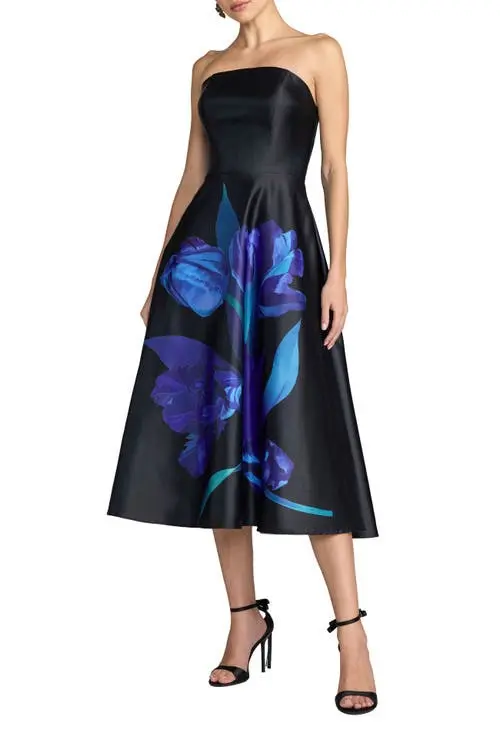 Mac Duggal Strapless Satin Midi Dress With Floral Print - Black Multi