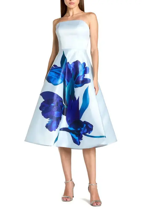 Mac Duggal Strapless Satin Midi Dress With Floral Print - Blue Multi