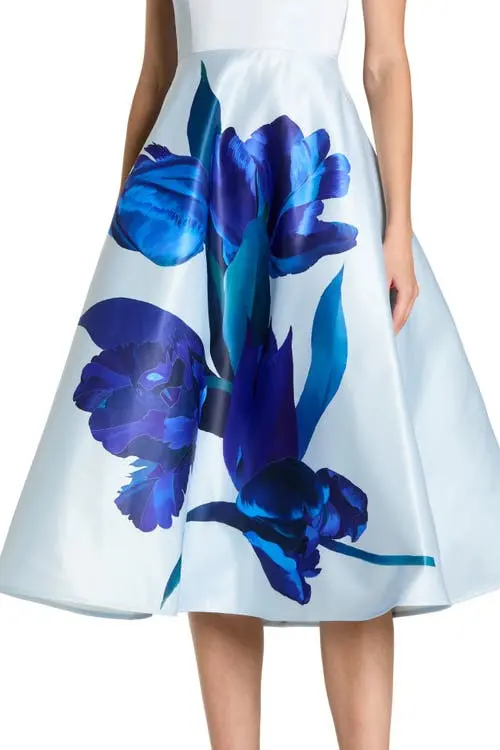Mac Duggal Strapless Satin Midi Dress With Floral Print - Blue Multi