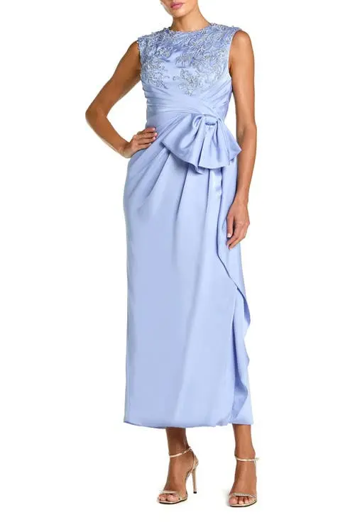 Mac Duggal Sleeveless Satin Ankle Dress With Beaded Neckline And Bow - Powder Blue