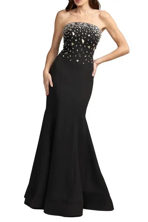Mac Duggal Strapless Embellished Crepe Mermaid Gown - Black