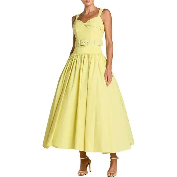 Mac Duggal Sleeveless Faille A-line Midi Dress With Belt - Buttercup