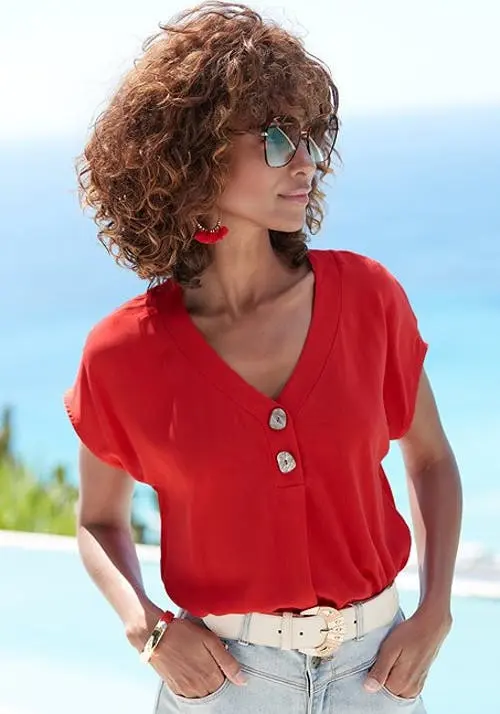 LASCANA Button Detail Blouse - Red