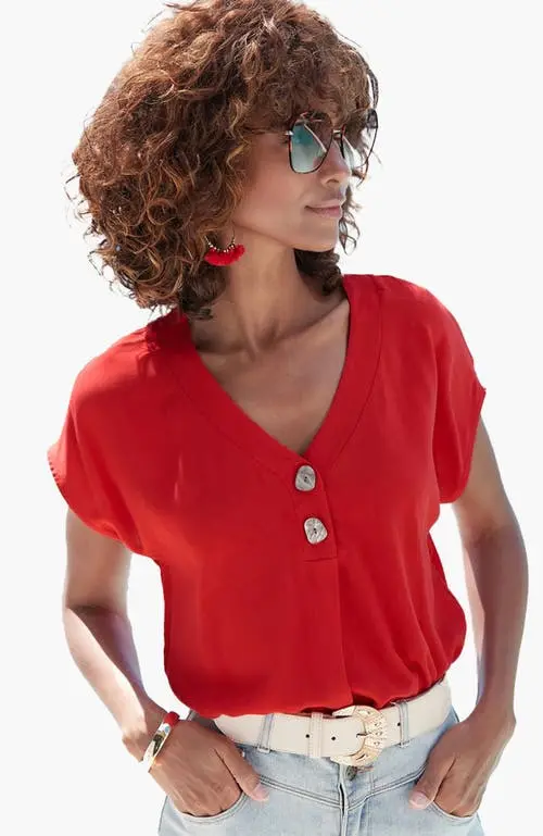 LASCANA V-neck Button Detail Blouse - Red