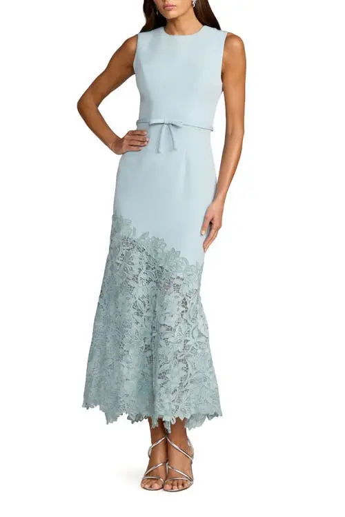 Mac Duggal Crepe Embroidered Hem Midi Dress - Powder Blue
