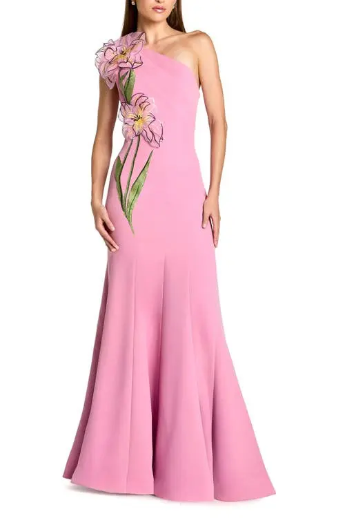 Mac Duggal One-shoulder Crepe Gown With Floral Appliqu - Orchid