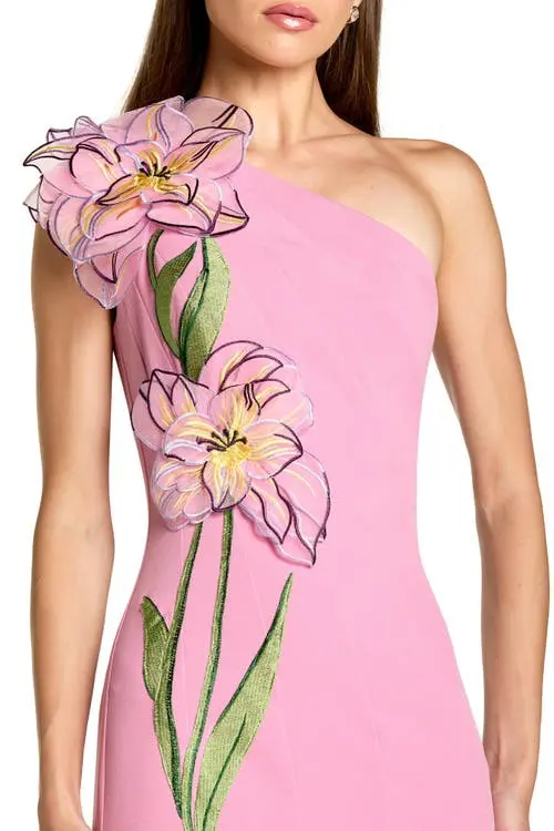 Mac Duggal One-shoulder Crepe Gown With Floral Appliqu