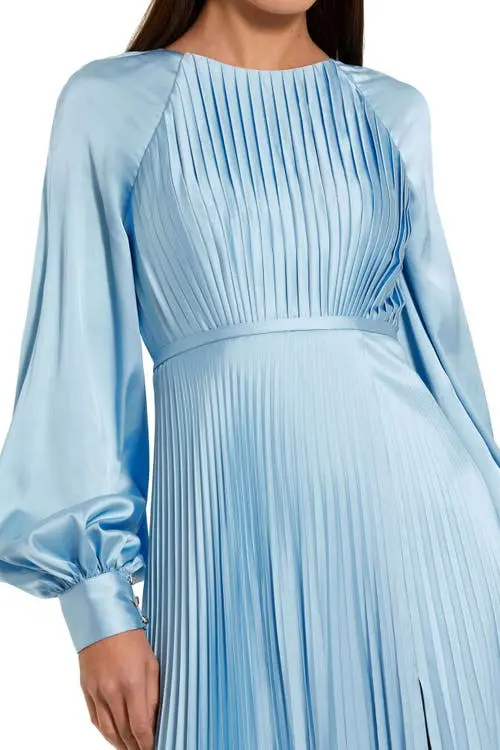 Mac Duggal Pleated High Neck Raglan Long Sleeve Gown - Ice Blue