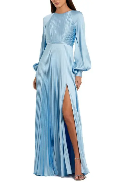 Mac Duggal Pleated High Neck Raglan Long Sleeve Gown - Ice Blue