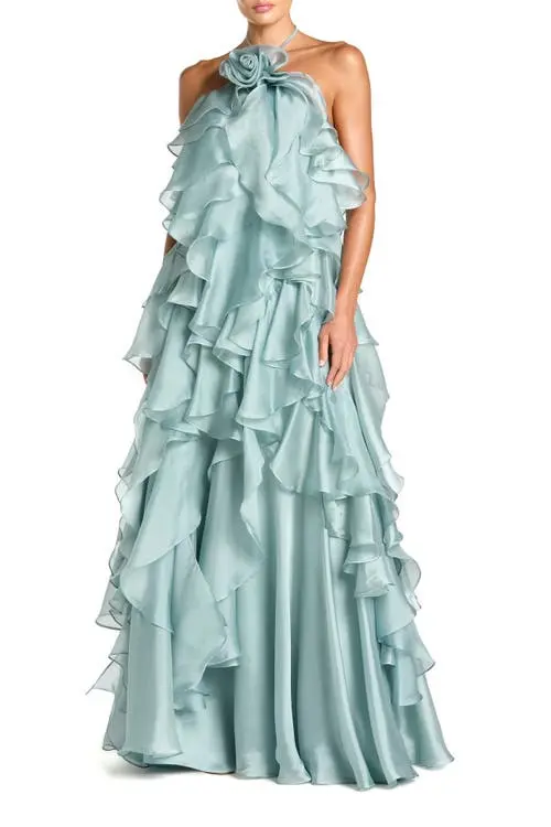 Mac Duggal Organza Halter Neck Open Back Ruffle Gown - Mint